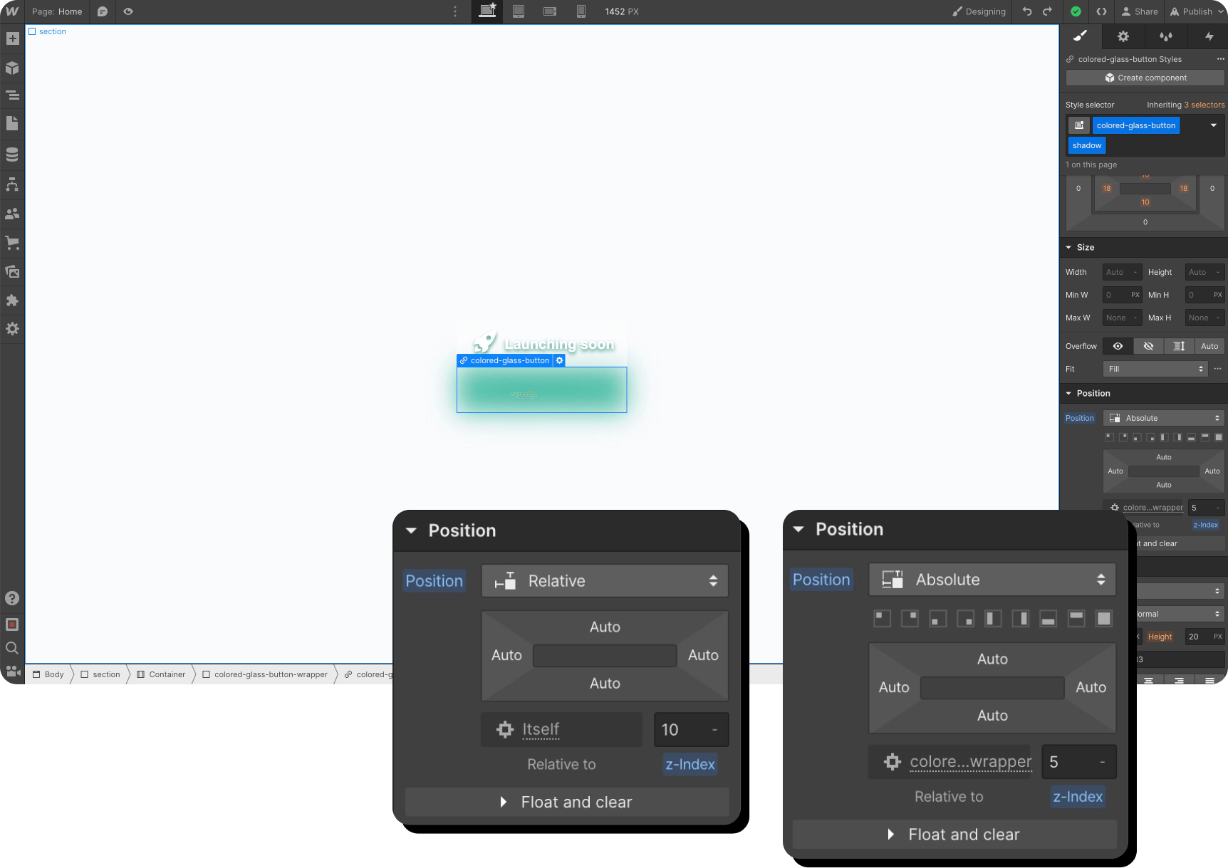 How to create a translucent glass button with colored drop shadow in Figma & Webflow